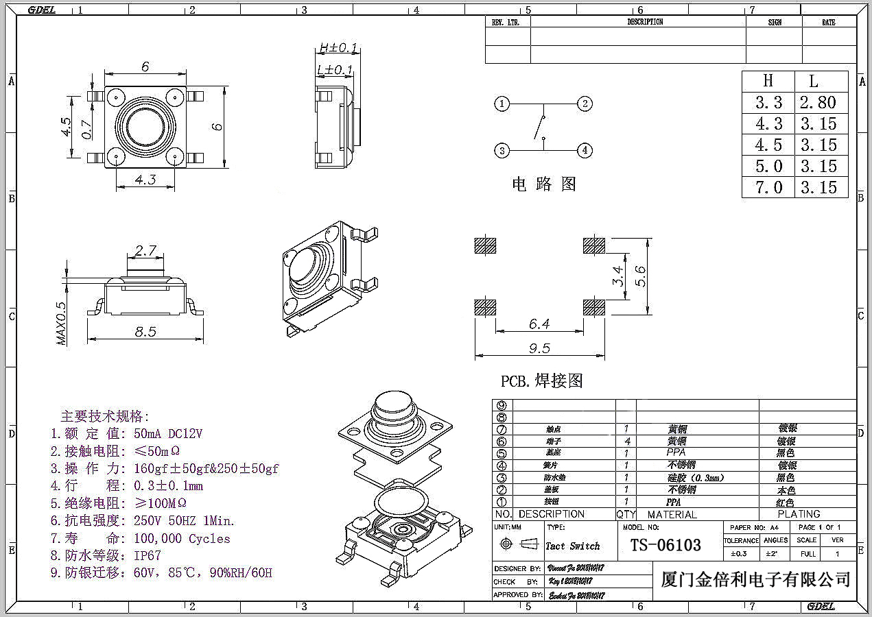 TS-06103 IP67 Rated Tactile Switch 6*6mm SMD