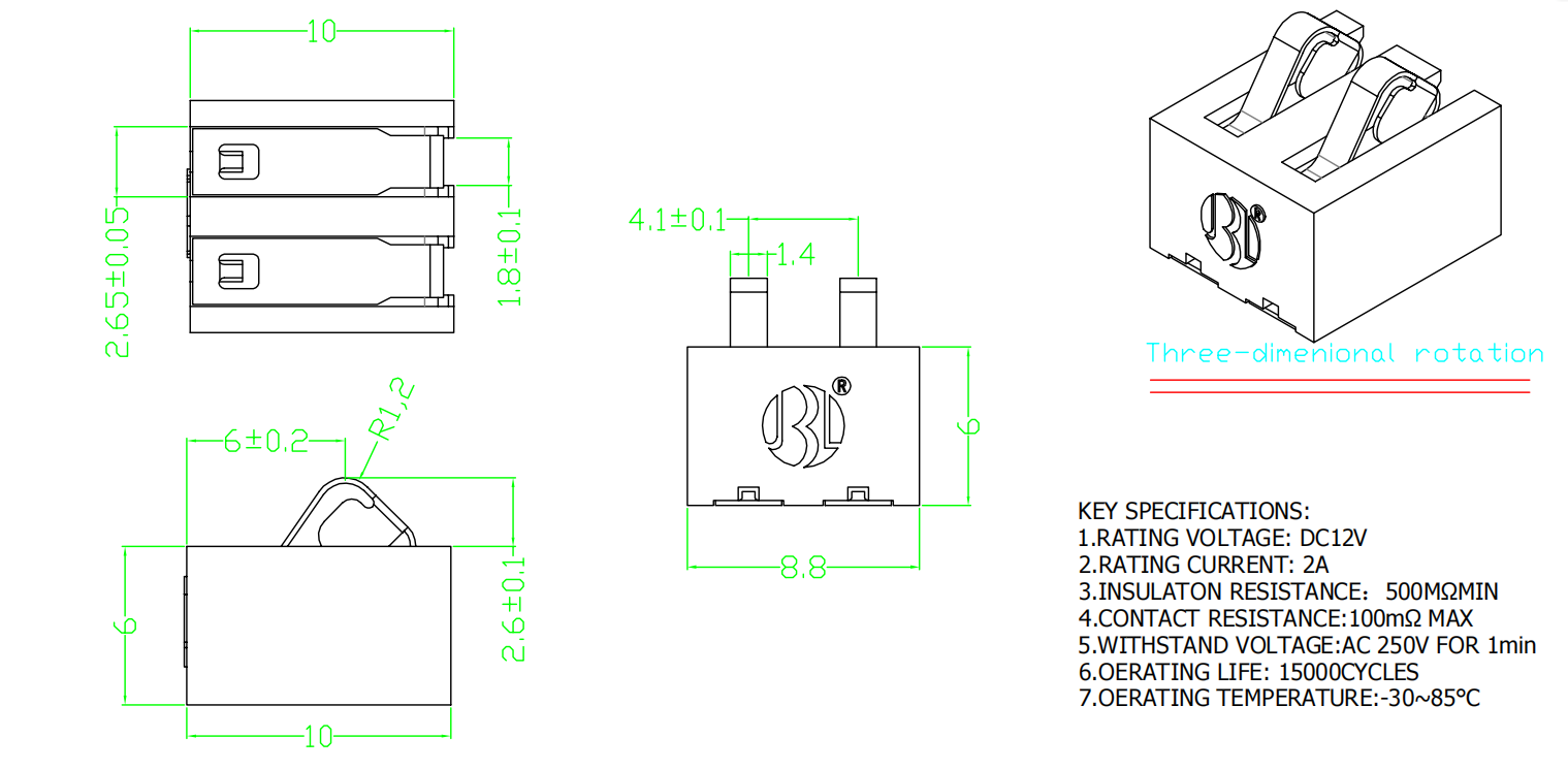 BT-002AE 4.1mm Pitch Spring Battery Connector Contact 2Pin SMT