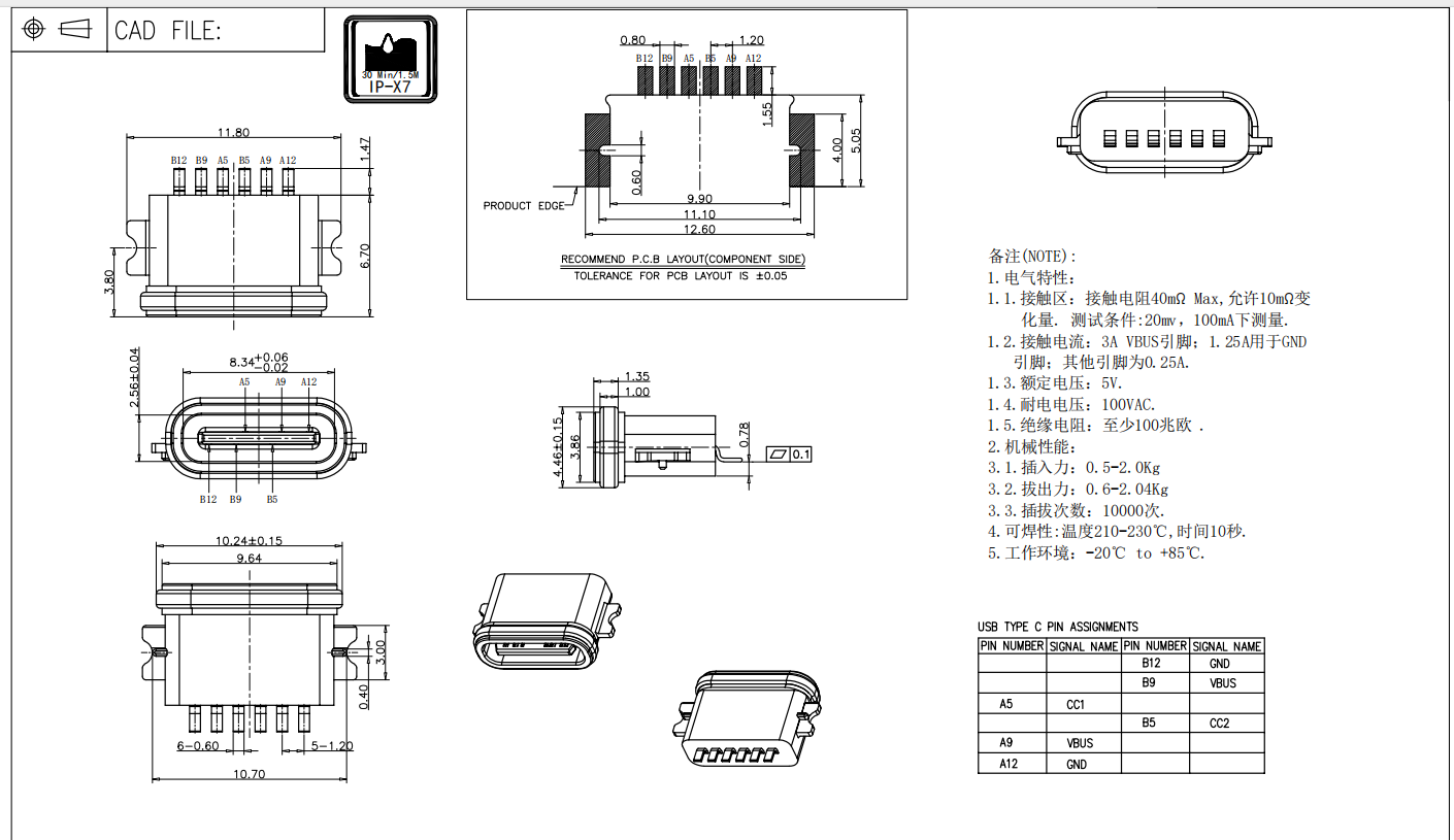 USB-20C-F-06CF02 Mid Mount USB C Jack 6Pin SMT Horizontal