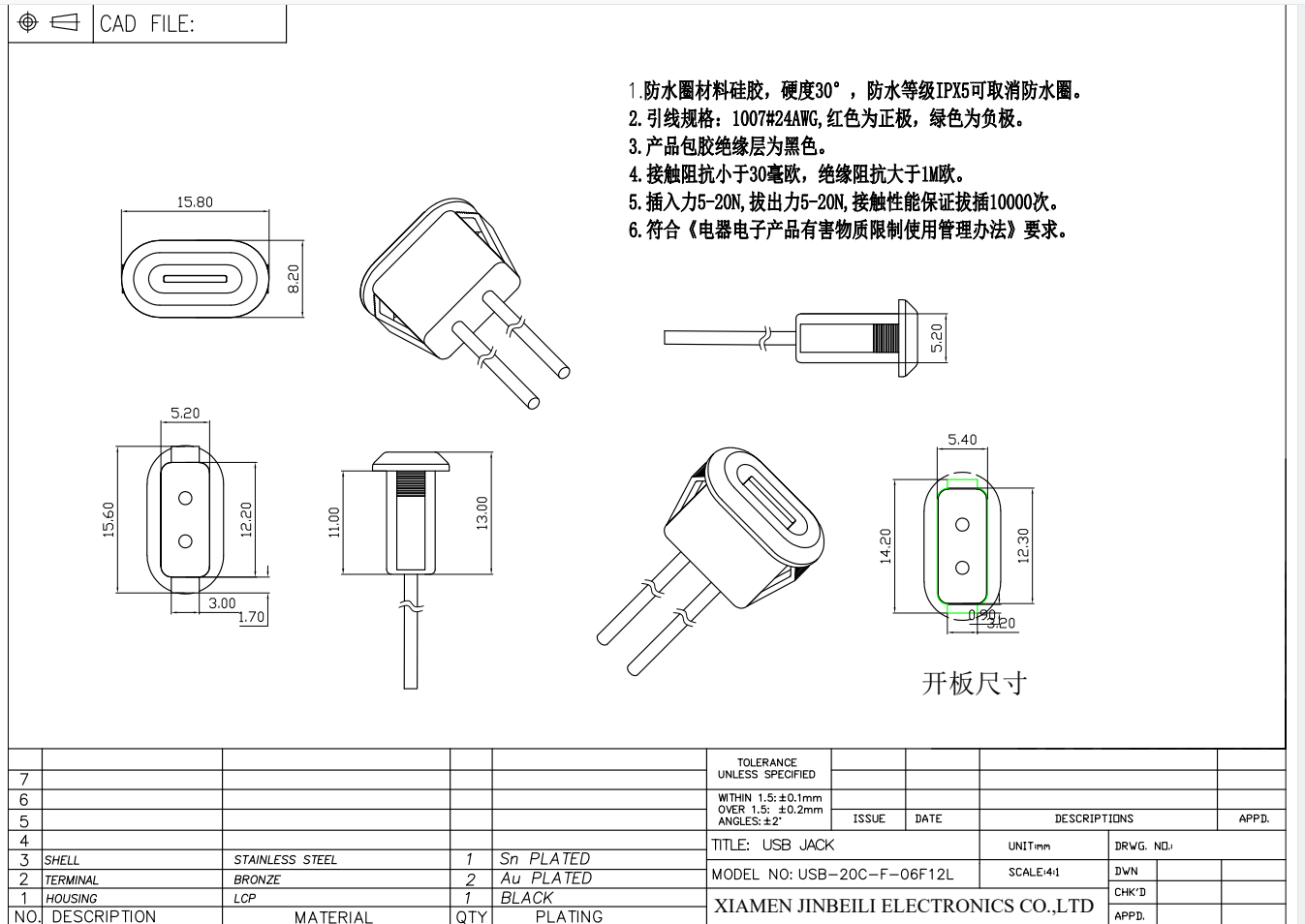 USB-20C-F-06F12L Snap In Panel Mount USB Type C Wire Assembly
